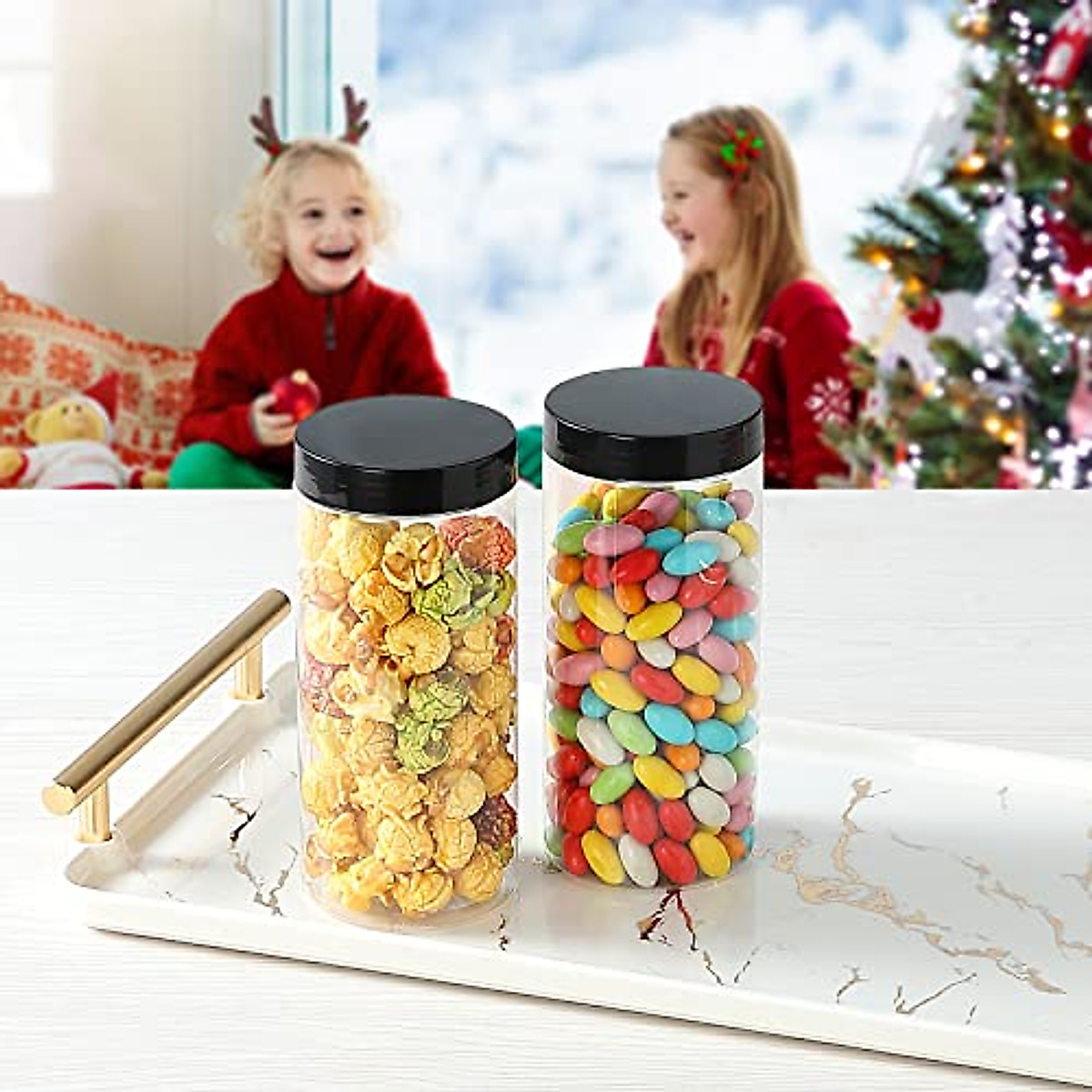 16oz Plastic Jar with Lids, 16Pcs Clear Empty Containers Straight Cylinders Storage Jars with Airtight Black Lid Stackable Refillable Round Plastic Jars for Body Butter, Kitchen Food & Home Storage