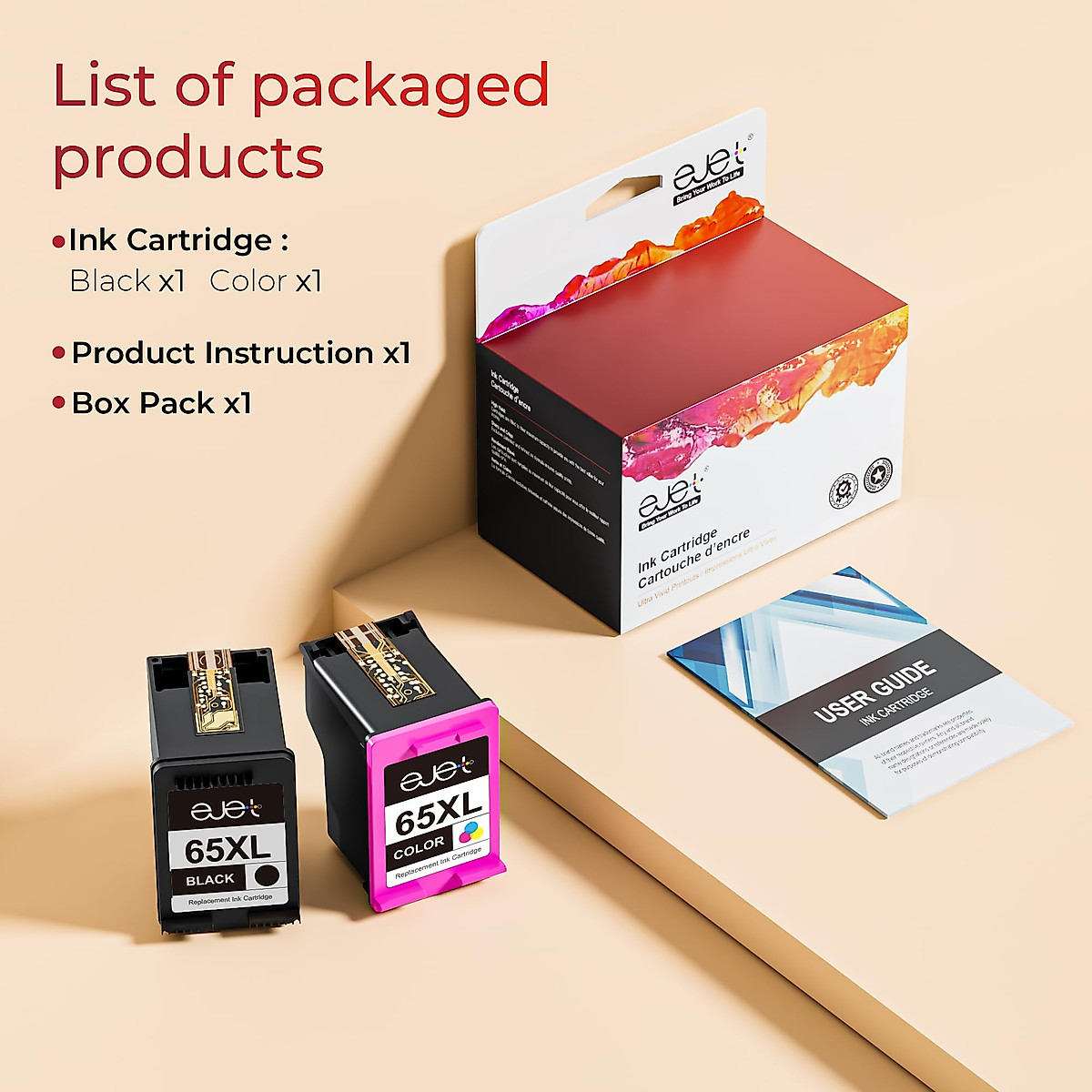 65XL Ink Cartridge Combo Pack replacemet for HP 65 Ink, 65 65XL ejet Remanufactured Ink Work with HP DeskJet 3772 3755 3700 3722 3752 2655 2622 2652; Envy 5055 5052 5058 Printer (1 Black, 1 Tri-Color)