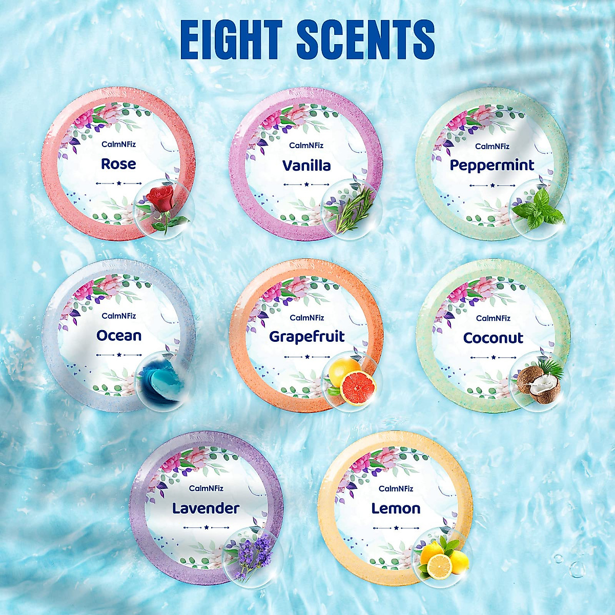 CalmNFiz 8 Pack Shower Steamers- Shower Steamer with Natural Fragrance: Coco Ocean Lemon Rose, etc, Luxury Relaxation Shower Bombs Presents for Women, Men, Mom & Girl