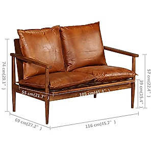 vidaXL Sofa, Love Seat Sofa with Cushions, Upholstered Accent Chair for Living Room, Modern Style, Real Leather with Acacia Wood Brown