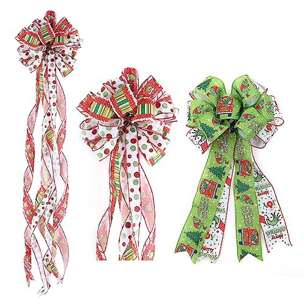 1.5" and 2.5'' Green Cute Merry Grinchmas Wired Ribbon .Glitter Red and Green Polka Dot,Stripe Furry Edge Printed Christmas Wired Ribbon 6 Rolls Total 30 Yards in Length