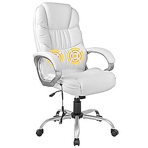 Home Ergonomic Office Chair Massage Comfortable Desk Chair Rolling Swivel Computer Chair with Lumbar Support Headrest Armrest High Back Task Chair PU Leather Executive Chair for Men Adults(White)