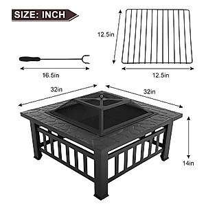 YRLLENSDAN 32 inch Fire Pit Table with Spark Screen Metal Outdoor Multiuse BBQ Firepit & Waterproof Mesh Cover for Camping Picnic, Wood Burning Heating