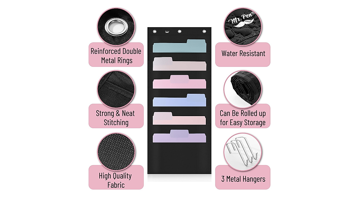 Mr. Pen 6 Pocket Hanging Wall File Organizer w/ Hangers