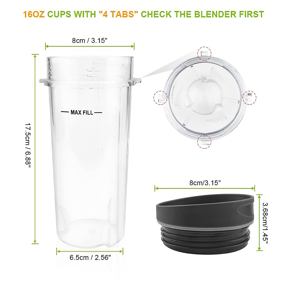 Feilifan Blender Replacement Parts for Nutri Ninja, 16 oz Single Serve Cups with Lids and 6 Fins Blade Assembly Compatible with Ninja Professional Blender BL660, BL663CO, BL770, BL780,BL772 30
