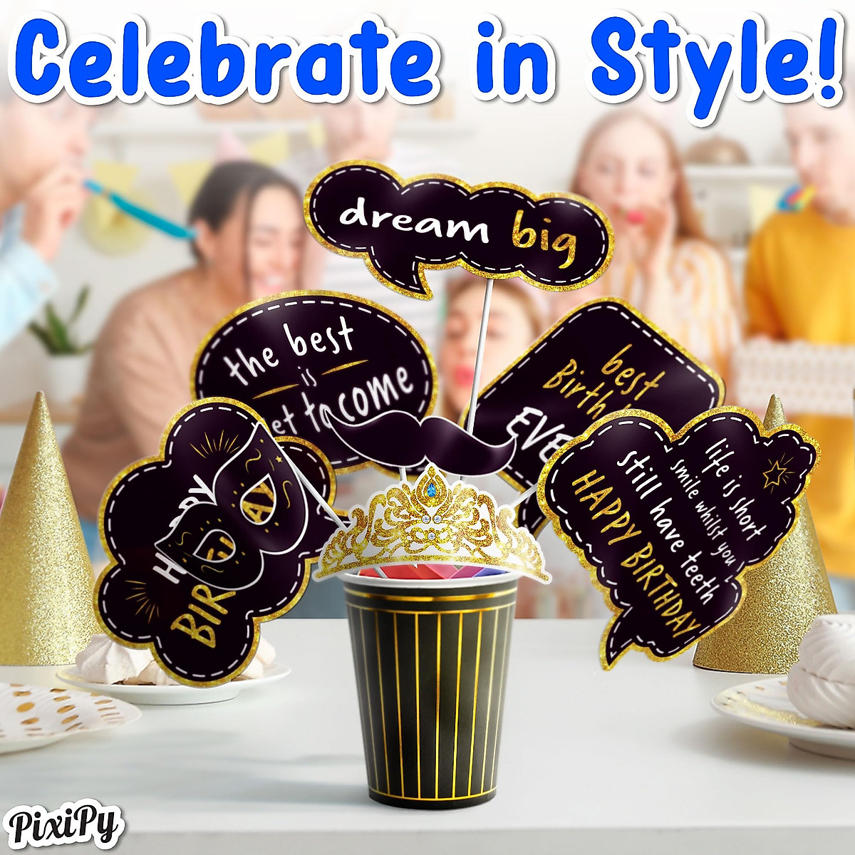 Premium Birthday Photo Booth Props Kit - 27 Pieces Black & Gold Party Decorations - Durable & Easy-to-Use Photobooth Props Signs for Memorable Photos - Party Supply Decorations - by PixiPy