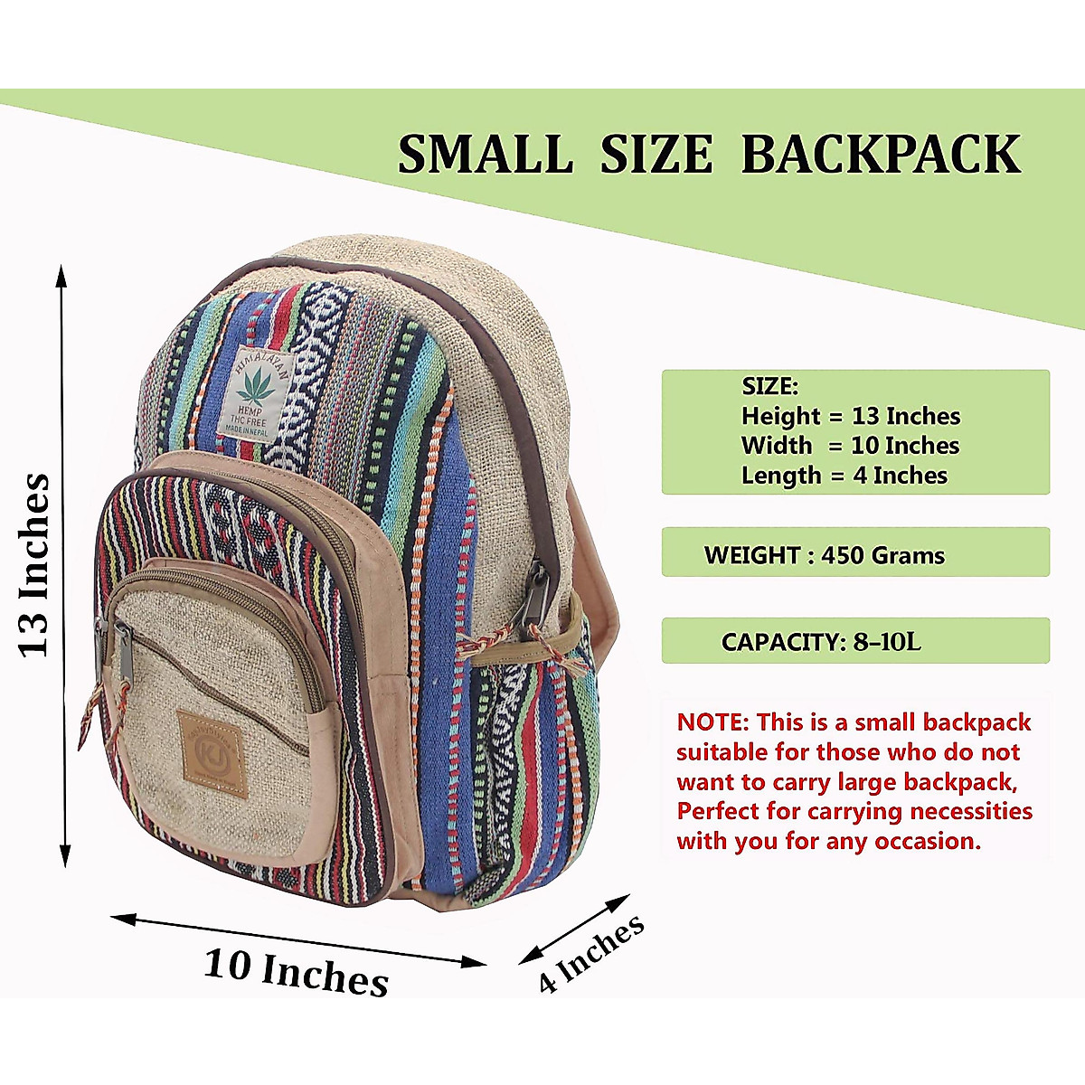 KayJayStyles Small Lightweight Daypack Backpack Handmade Himalayan Hemp Travel, Hiking, Purse for Men, Women & Girls