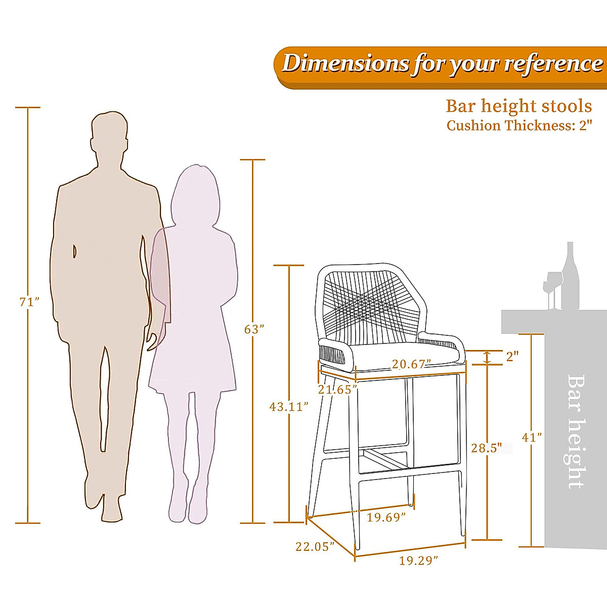 PURPLE LEAF Bar Stools Set of 2 Outdoor Bar Height Metal Stools Modern Wicker Rattan Barstools with Back Aluminum Outside Garden Patio Bar Chairs