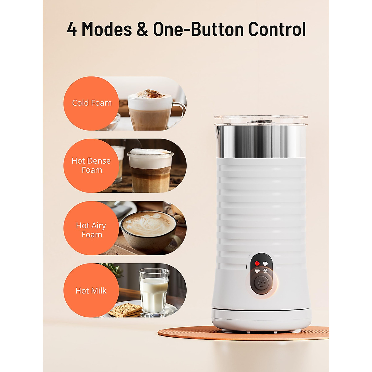 Milk Frother, 4-in-1 Milk Frother and Steamer, Frother for Coffee, Hot & Cold Foam Maker for Latte, Cappuccino, Macchiato, Electric Milk Frother Warmer with Silent Operation & Auto Shut-off (White)