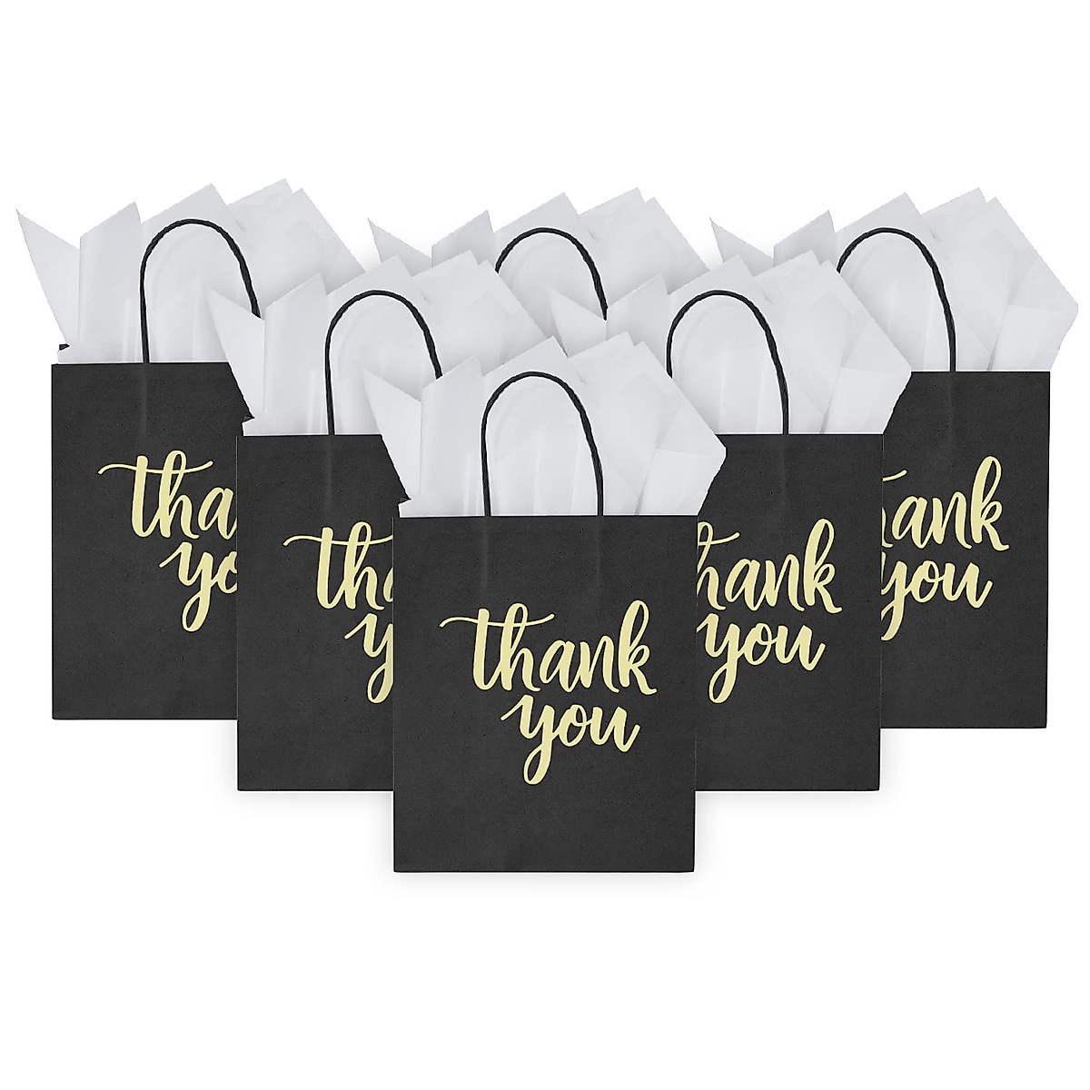 DjinnGlory 50 Pack Medium Black Thank You Paper Bags with Handles and 24 Sheet White Tissue Paper for Small Business, Shopping, Wedding, Baby Shower, Party Favors (Medium 10''x8''x4'', Black)