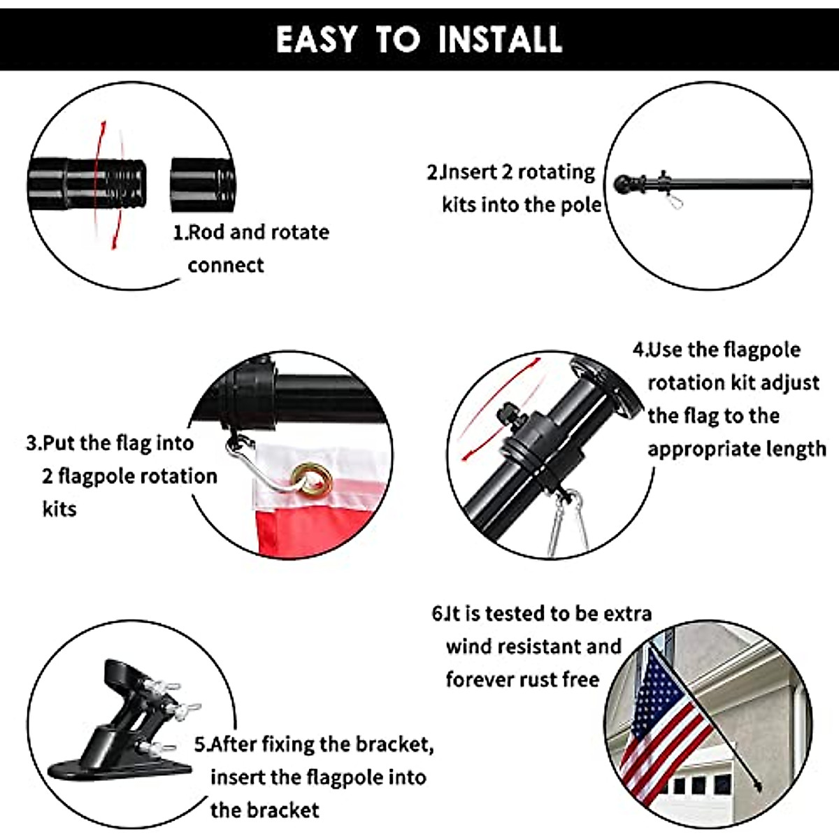 Flag Pole with Bracket,5FT/6FT Flagpole Kit American Flag with Pole Holder Mounting Bracket Stainless Steel Heavy Duty for Garden Yard Truck Boat Rustproof (6FT, Black Flag Pole With Black Bracket)