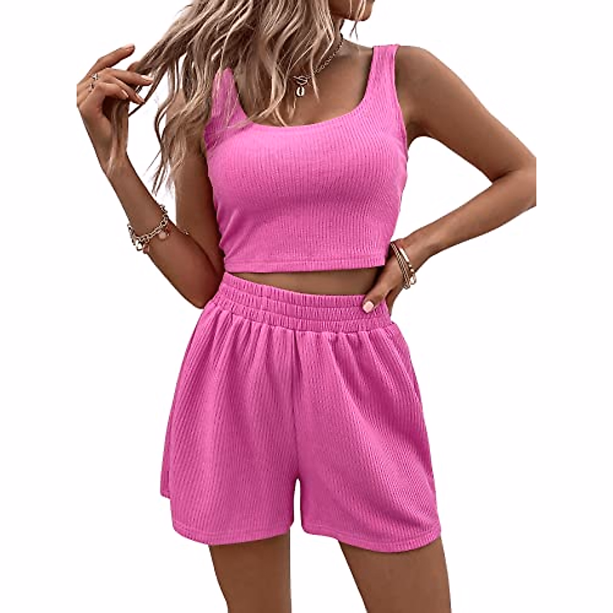 Verdusa Women's 2 Piece Ribbed Crop Tank Top and Shorts Tracksuit Set Hot Pink L
