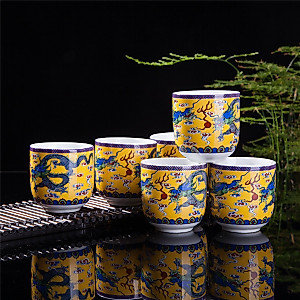 THY COLLECTIBLES Set Of 6 Eastern Asian Design Ceramic Tea Cups In Yellow Dragon - 8 OZ Capacity Each