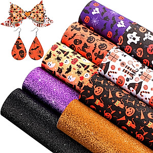 9 Pieces Halloween Faux Leather Sheets Pumpkin Ghost Bat Faux Leather Fabric Printed Leather Sheet Glitter Pearl Light Fabric Sheets 7.9 x 11.8 in for DIY Bows Earrings Making