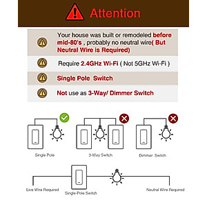 OHMAX Smart Switch, Single Pole, 2.4Ghz WiFi Smart Light Switch for Lights Works with Alexa and Google Home, Neutral Wire Required, Remote and Voice Control, UL Certified (4 Pack)