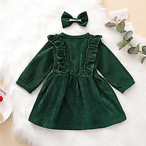 Karuedoo Kids Toddler Baby Girl Corduroy Ruffle Long Sleeve Dress Princess Party Dress Fall Winter Skirt Outfit (A-Green, 6-12M)