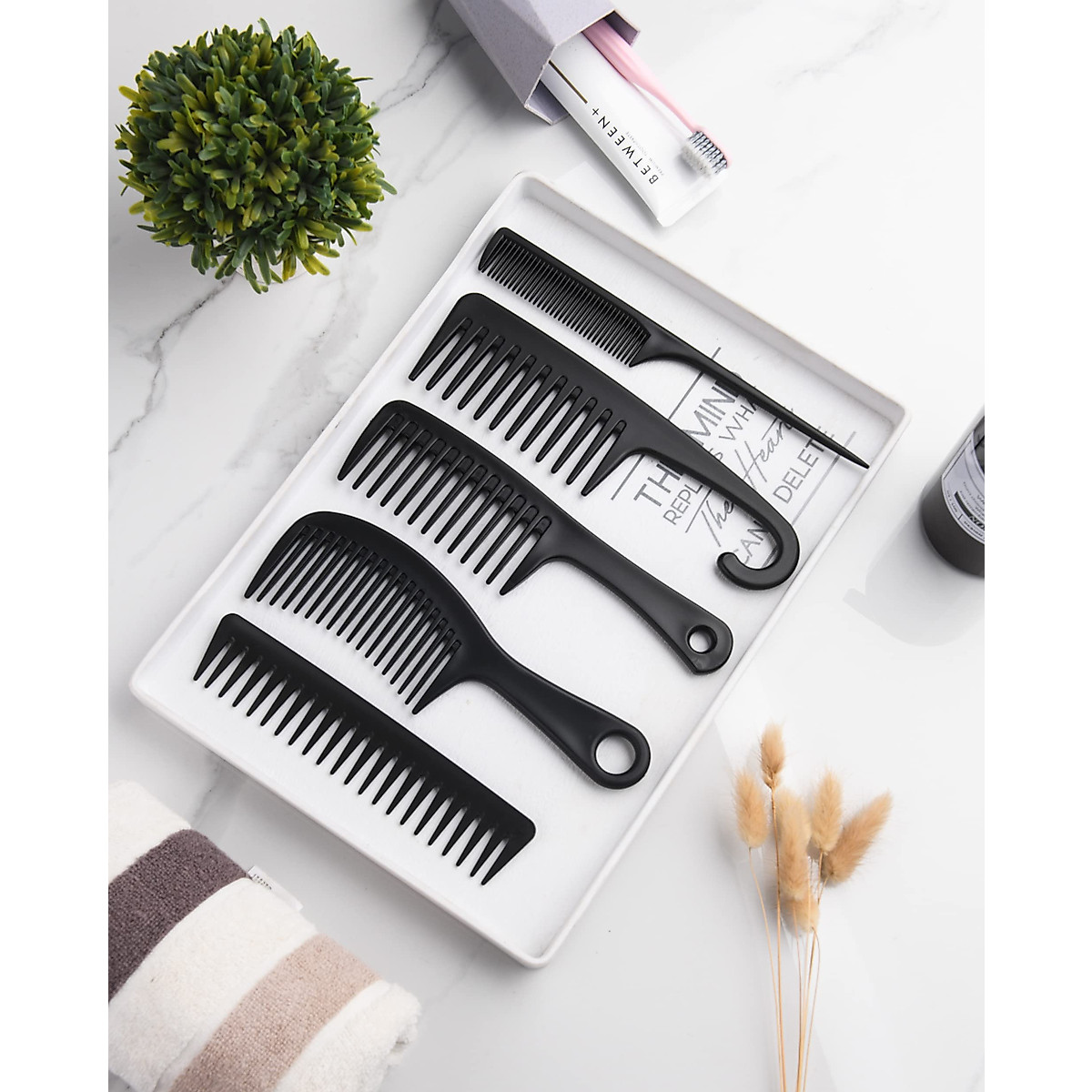 5 Pcs Hair Comb Set, Wide Tooth Detangling Comb,Large Shower Comb with Hook，Fine Tooth Rat Tail Comb Professional Styling, No Handle Women Brush For Curly, Wet, Dry, Long and Thick Hair.