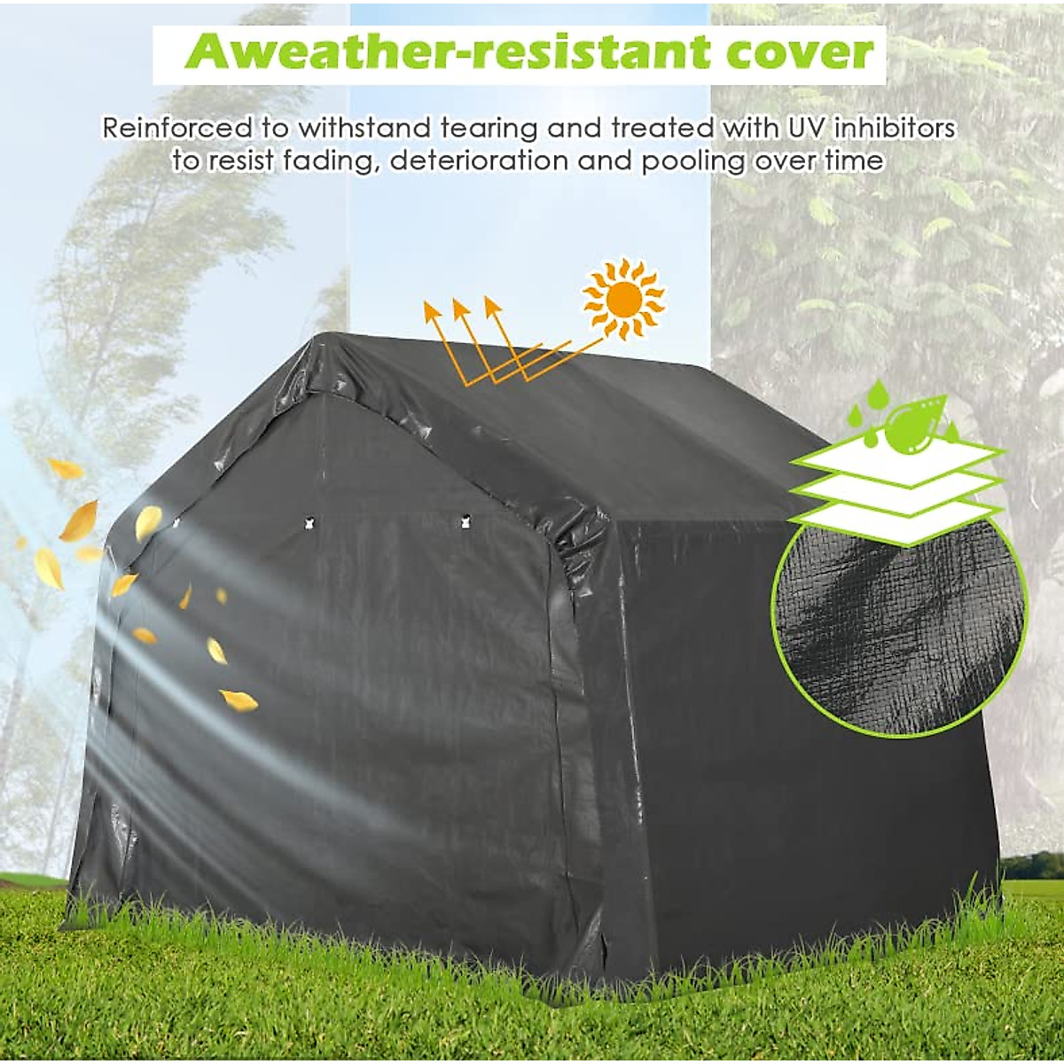 TNINE 10' x 10' Heavy Duty Steel Metal Frame Peak Roof Outdoor Anti-Snow Storage Shed with Waterproof Cover for Snowmobile Garden, Grey