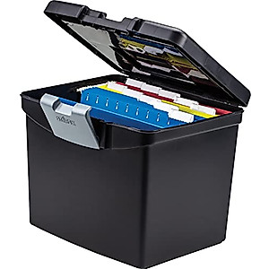 Storex Portable File Storage Box with Translucent Organizer Storage Lid- Plastic Office File Storage Box for Letter Paper and Hanging Folders, Black, Model Number: 61504A01C