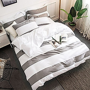 Merryfeel Cotton Duvet Cover Set Queen,100% Cotton Waffle Weave Duvet Cover Set - Grey and White Stripe Bedding Set