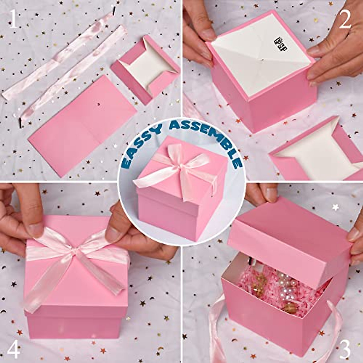 GP SUP 6”×6”×6”Pink Gift Boxes with Lids,12 Pcs Beautiful Squared Boxes with Ribbon Perfect for Weddings,Christmas, Birthday,Valentines Day