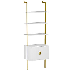 Yusong 73" Tall Bookshelf with Cabinet, Industrial Ladder Wall Mount Shelf Bookcase with Wood and Metal Frame, Plant Shelf Wall Storage Display for Living Room Bedroom, White Gold