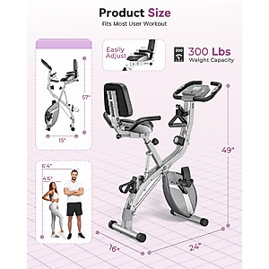 PLENY Folding Exercise Bike, Indoor Stationary Bike 16-Level Magnetic Resistance with Arm Resistance Band, Back Support Cushion Workout Bike for Home Workout Gym - Gray