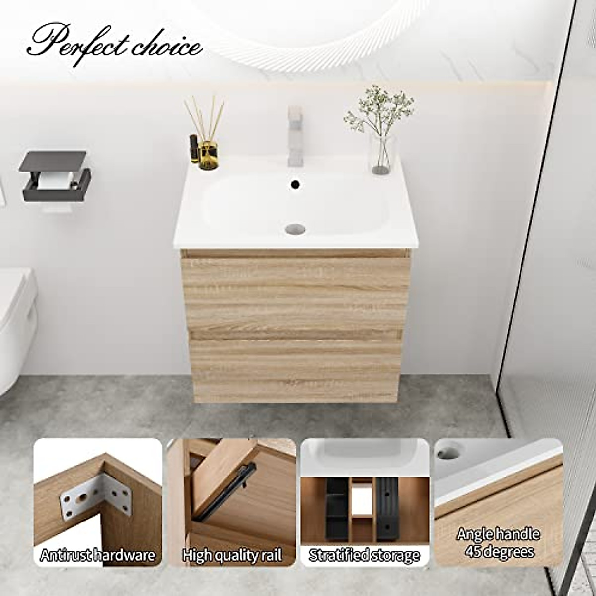 Kootlena Wall Mounted Bathroom Vanity with Sink Combo, Modern 24" Bathroom Vanity Set with Top Basin & 2 Storage Drawers, Floating Bath Storage Cabinet w/Gel Sink