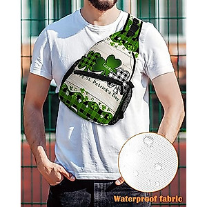 Sling Backpack, St. Patrick's Day Lucky Green Black Buffalo Plaid Shamrock Waterproof Lightweight Small Sling Bag, Travel Chest Bag Crossbody Shoulder Bag Hiking Daypack for Women Men