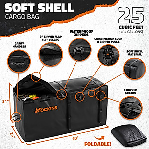 Mockins 60"x24"x6" Folding Trailer Hitch Cargo Carrier w/ 25 CuFt. Cargo Hitch Carrier Bag | 500 Lbs. Cap Weatherproof Steel Luggage Rack for SUV/Car & Vinyl Soft-Shell Car Carrier Cargo Bag