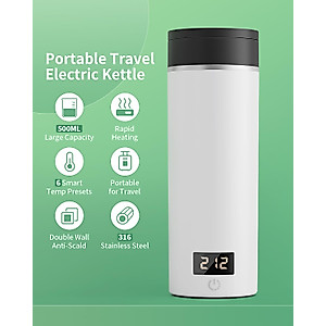 AIRMSEN Travel Electric Kettle with 6 Temperature Control, 4 Keep-Warm Modes - 500ml Portable Water Boiler Built-in 316 Stainless Steel - Mini Hot Water Kettle for Tea, Milk, Coffee - White