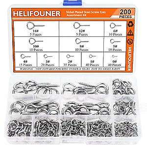 HELIFOUNER 200 Pieces 11 Sizes Nickel Plated Steel Screw Eyes Assortment Kit