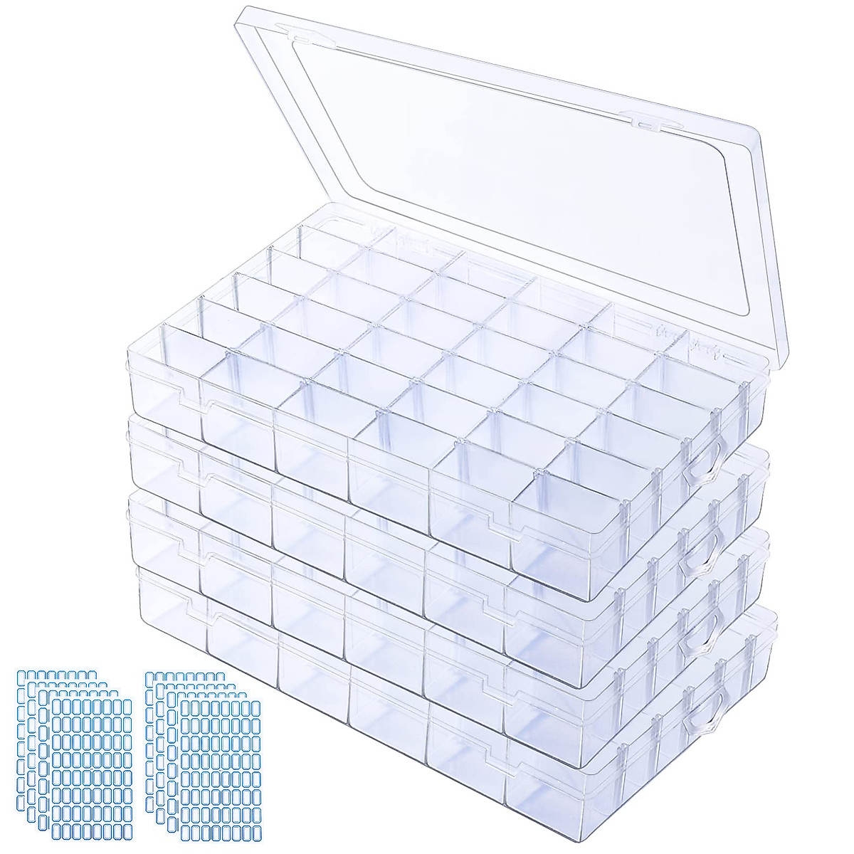 PLMMOUT 4 Pack Clear Plastic Organizer Box,36 Grids Clear Bead Organizer with Adjustable Divider for Bead Art DIY Craft Jewelry Fishing with 512 Label Stickers
