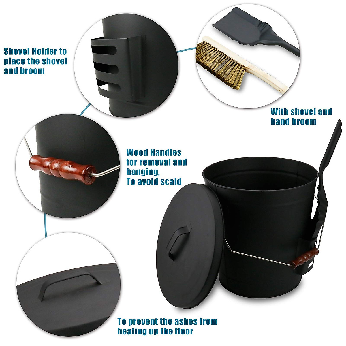 Uniflasy Ash Bucket with Lid, Shovel and Hand Broom, 5.2 Gallon Metal Coal Ash Bucket for Fireplace, Fire Pits, Wood Burning Stove, Ash Can with Lid Fireplace Wood Stove Ash Fireplace Cleaning Tools