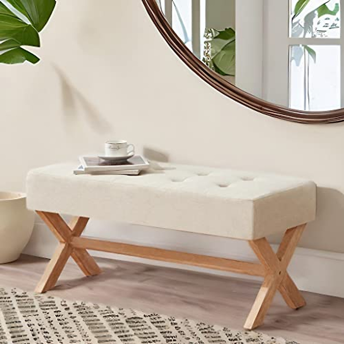 HUIMO 35-inch Entryway Bench, Upholstered End of Bed Bench for Living Room, Bedroom. Dinning Bench Seat with X-Shaped Legs for Kitchen, Solid Wood Indoor Bench for Foyer, Hallway (Beige)