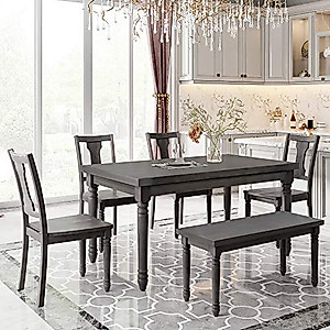 Woanke 6-Piece Set, Wooden Rectangular Table with 4 Chairs and 1 Bench, Rustic Style for Kitchen, Dining Room, Breakfast Nook, 2-Gray
