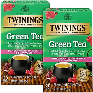 Twinings Green Tea with Pomegranate, Raspberry, and Strawberry - Caffeinated Green Tea Bags Individually Wrapped, 20 Count (Pack of 2) 