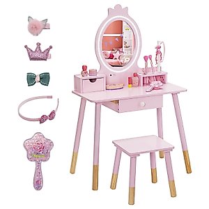 OHKIDS Vanity Set with Table & Stool, Wooden Princess Vanity w/Lights & Mirror, 2-in-1 Kids Makeup Table, Dressing Desk, Large Drawer, Storage Box, Jewelry Rack, Chair, Little Girls Pretend Play Set