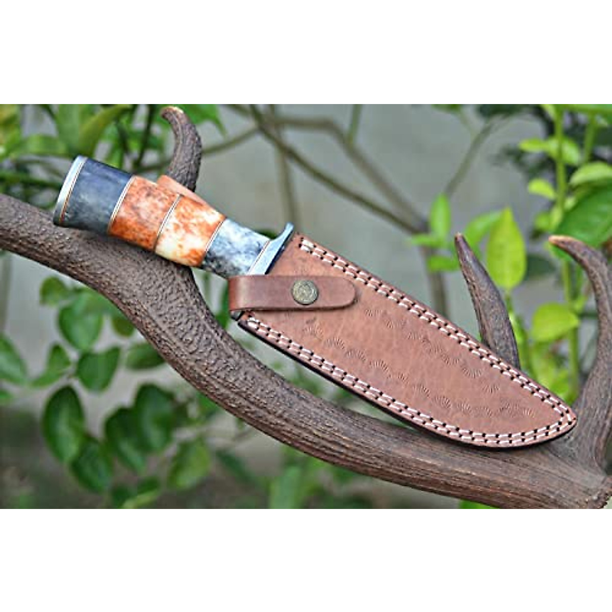 UK UNIQUE SHARP KNIVES BK-3002 Handmade Damascus Steel 12.50 Inches Hunting Knife - Exotic Coloured Bone Handle