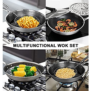 MICHELANGELO Wok Pan with Lid, 12 Inch Stainless Steel Wok Set with Spider Strainer and Steaming Rack, Honeycomb Woks & Stir-fry Pans Flat Bottom Wok Induction Compatible, Dishwasher and Oven Safe