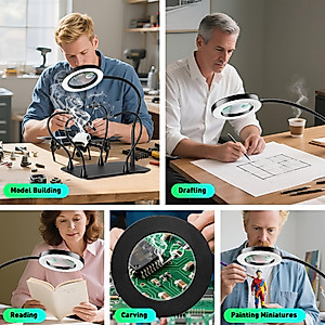 5X&10X Magnifying Glass with Light and Stand, KUVRS Flexible Magnetic Helping Hand, Large Base&Clamp Magnifying Lamp, 3 Color Adjustable Arm Desk Magnifying Glass with Light for Soldering Craft Hobby