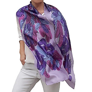 Artistic Hand Painted Long Silk Scarf for Women Fashion Boho Wrap Floral Patterns Trendy Purple Pink Neck Scarfs Unique Designer Shawl Womens Birthday Gift Mother Day Gift Handmade Gifts for Her