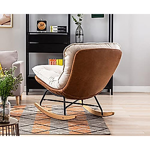 Kmax Rocking Chair Nursery Tufted Accent Glider Chair with Tufted Linen Fabric Cushion PU Leather Base for Baby Nursery Bedroom Living Room, Cream