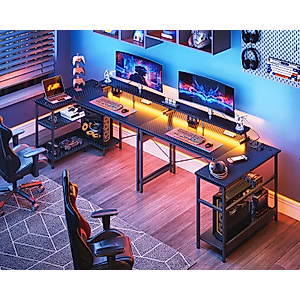 ODK 48 Inch Gaming Desk with USB Charging Ports and LED Lights, Reversible L Shaped Computer Desk with Storage Shelves & Monitor Stand, Corner Gamer Desk Table with Power Outlets, Black