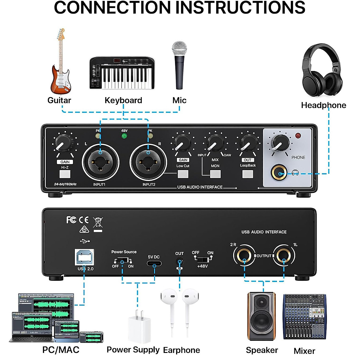 USB Audio Interface for PC, 2i2 Computer Audio Interface for Recording Music, Portable Interfaz de Audio Mixer for Studio Beginner Podcaster Guitarist (Audio Interface-Black)