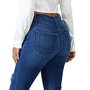 Maiyifu-GJ Women's Ripped Bell Bottom Jeans Destoryed High Waist Raw Hem Flared Jean Slimming Distressed Wide Leg Denim Pants (Dark Blue,Large)
