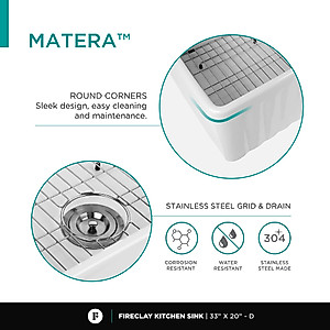 Single Bowl Kitchen Sink - 33 Inch Fireclay Deep Curved Apron Front Kitchen Sink - Premium Double Bowl Sinks for Home, Farmhouse (Grid & Strainer Included) White