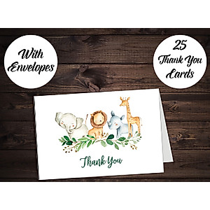 25 Safari Thank You Cards With Envelopes (Thick Card Stock) Baby Shower, Jungle Greenery Large Size 4x6 Zoo Animal Giraffe Lion Elephant Gratitude For Party, Girl Boy Children Birthday Stationery