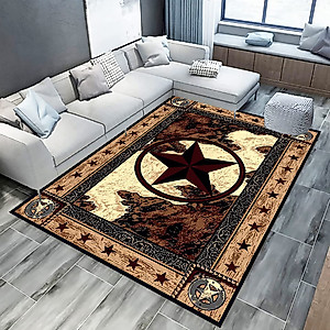 Brown Rustic Western Texas Star Modern Area Rug Primitive Carpet Farmhouse Rug Cowhide Runner Rug Non-Slipping Doormat for Hallway Kitchen Living Room Bedroom Laundry Room Entryway 8' x 10'