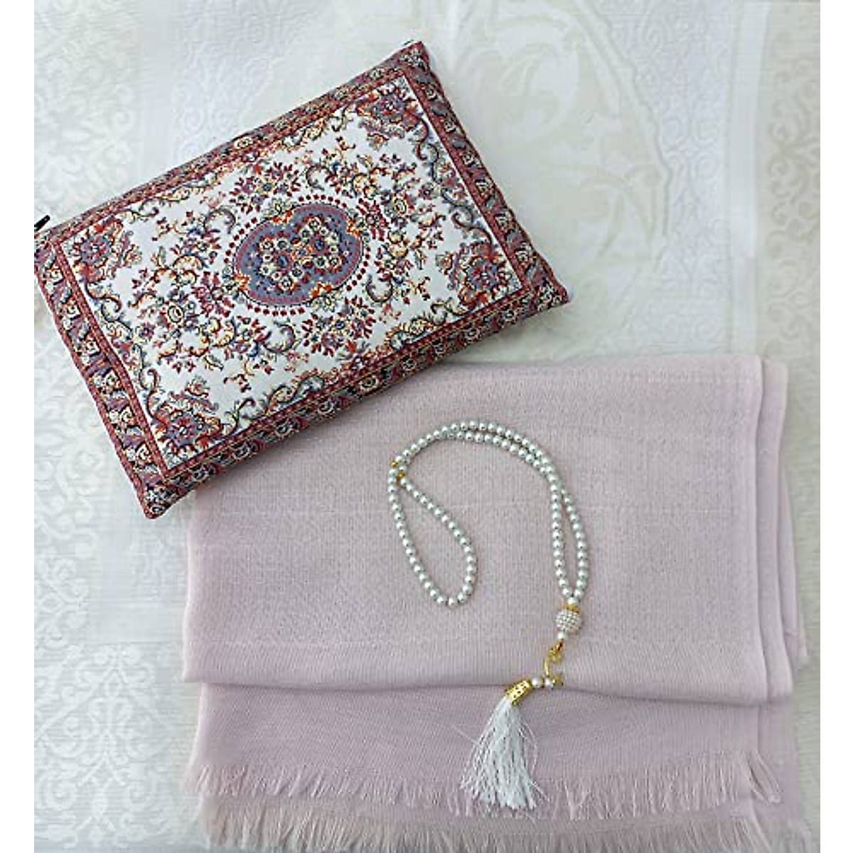 Prayer Rug with Scarf and 99 Beads,Floral Pouch,Travel Prayer Rug, Prayer Rug Gift Set,Taffeta Prayer Rug,5 It’s a Lovely Gift for Birthday, Ramadan, Gift for Eid. Muslim Gift (Cream Scarf Set)